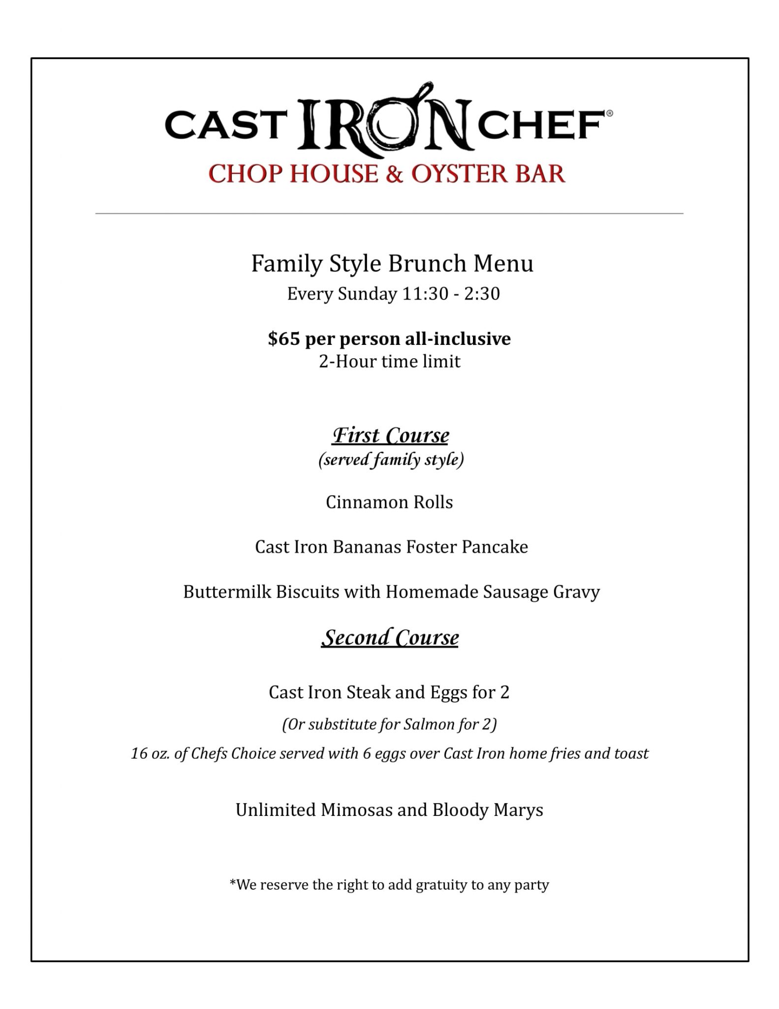 Brunch Menu - The Cast Iron Chef Chop House & Oyster Bar