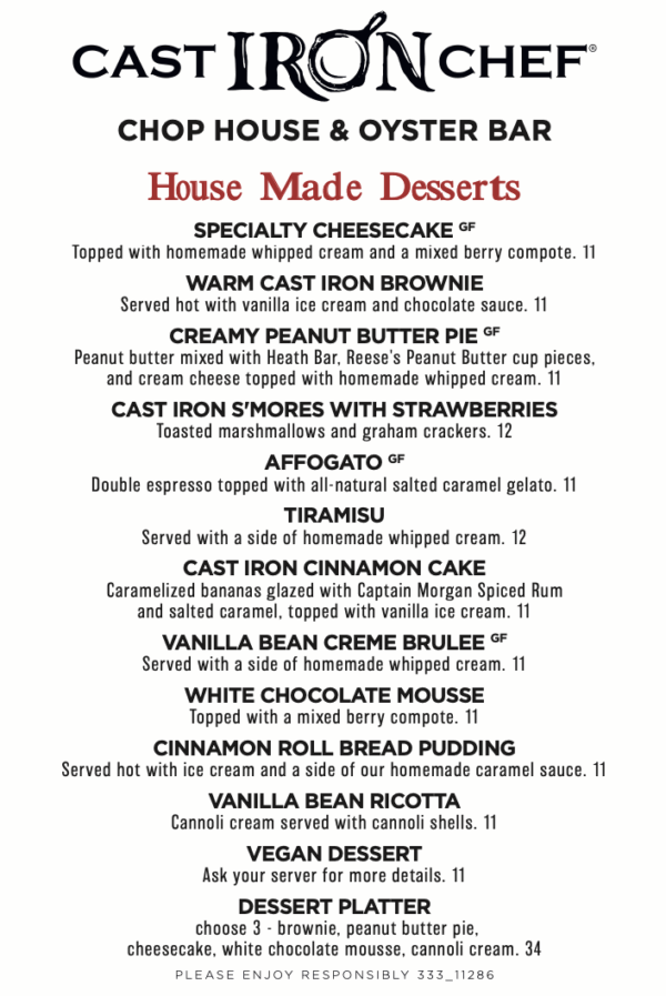 Dessert Menu - The Cast Iron Chef Chop House & Oyster Bar