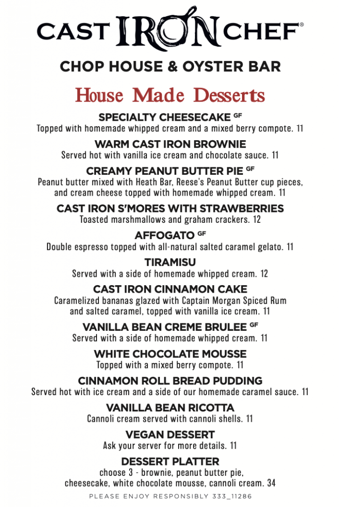 Dessert Menu - The Cast Iron Chef Chop House & Oyster Bar